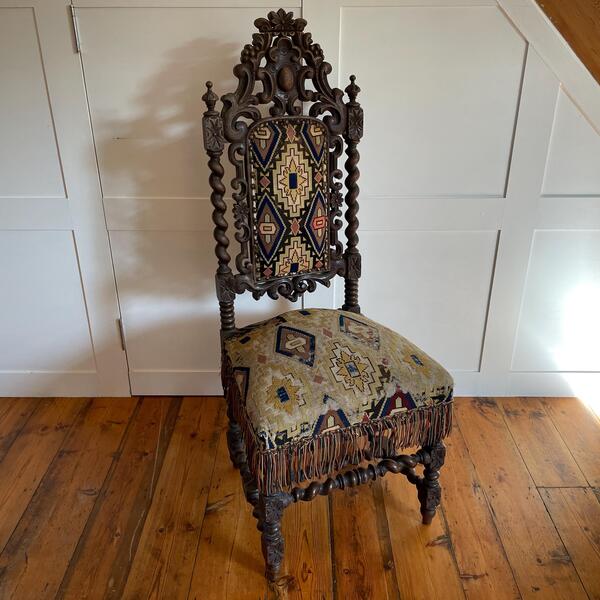 Antique Kilim Carpet Vintage Chair Seat Wooden Wood Vintage Patterned ...