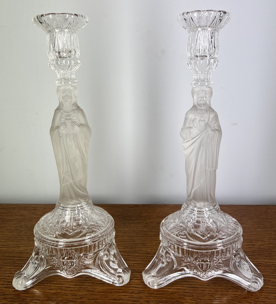 Candlesticks Pair Vintage Glass Religious Jesus & Mary Holders Lot 4021 ...
