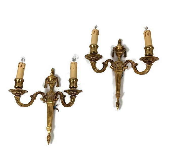 Pair Double Wall Sconces Light Wall Hanging Ornate Brass Balusters ...
