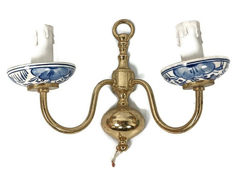 Double Wall Sconce Light Wall Hanging Delft Blue White Porcelain Brass ...