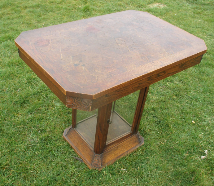 Antique Table Display Cabinet In One Inlay Carved Oak Beveled Glass Htf ...