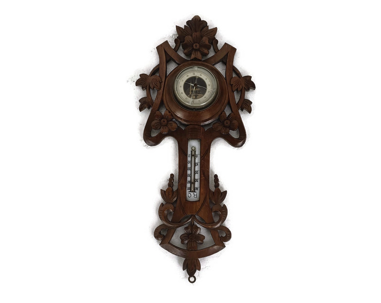 German Hand Carved Wood Barometer Thermometer Weather Station Black ...
