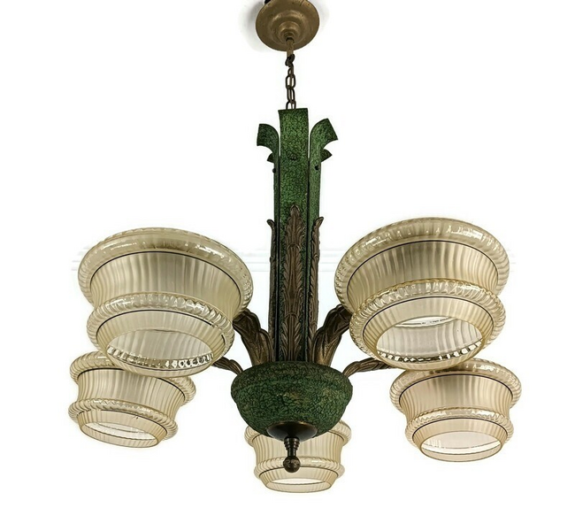 Art Deco Chandelier Antique Fixture Art Glass Uranium Lights Up ...