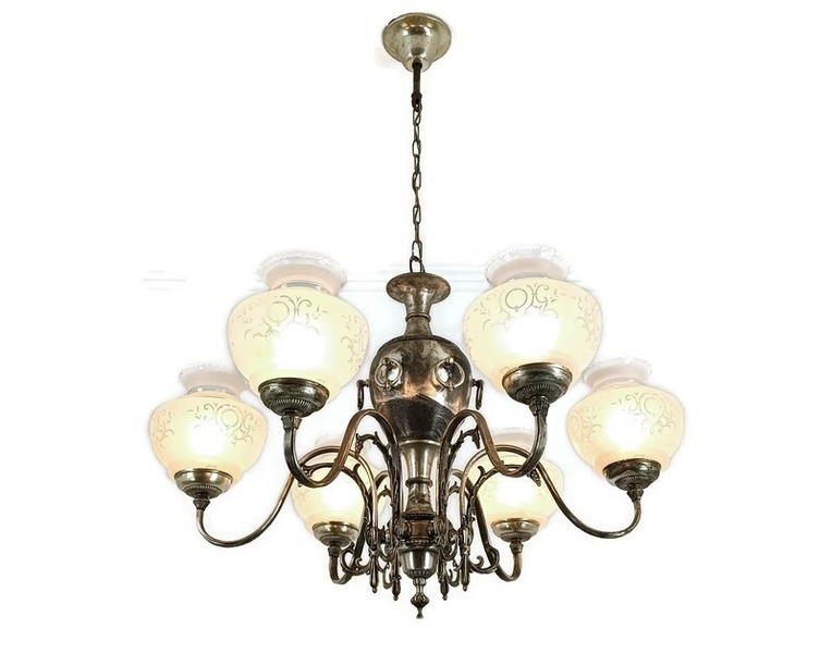 Silver Plated Chandelier Brass Glass Hand Painted Shades 6 Lights ...