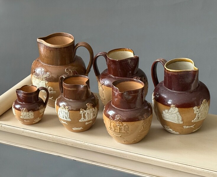 Collection Of Six Antique Doulton Stoneware Harvest Ware Jugs | Vinterior