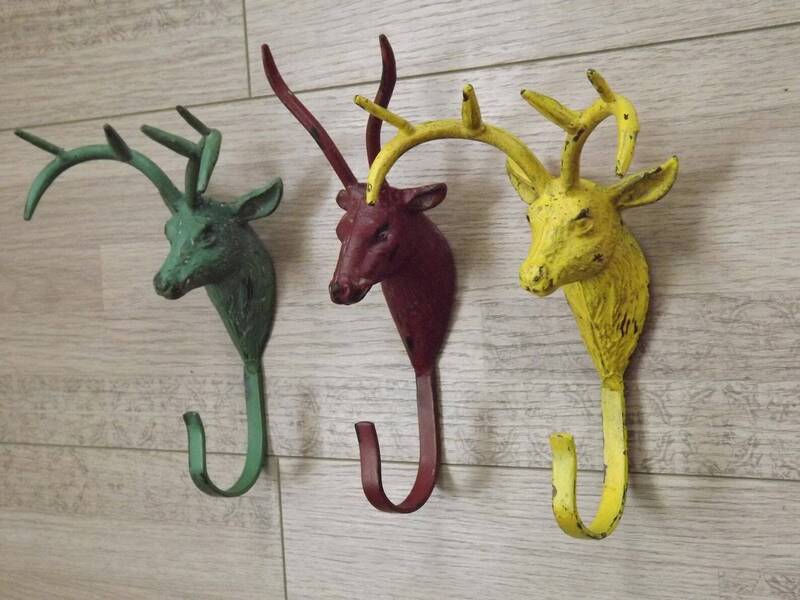 Vintage Set Of 3 Cast Metal Animal Coat Hooks Brightly Colored Deer And ...