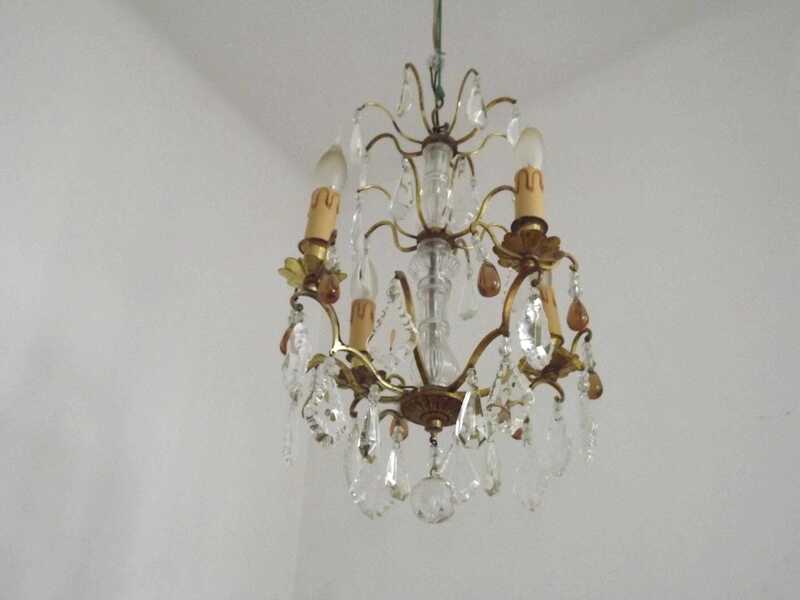 French Vintage Brass Glass Crystal 4 Light Chandelier With Murano ...