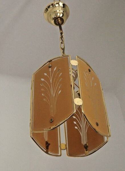 Vintage French Gold Metal Ceiling Light Wheat Sheaf Orange Glass Panels ...