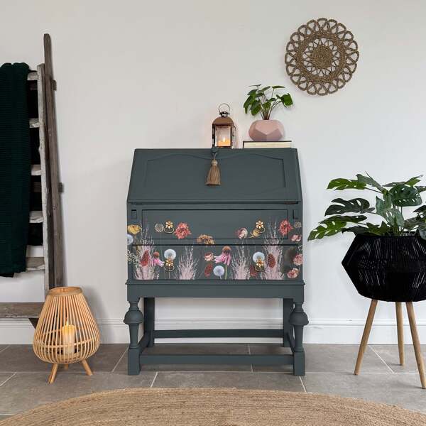 Vintage Bureau Writing Desk Painted Dark Grey, Blue And Floral | Vinterior