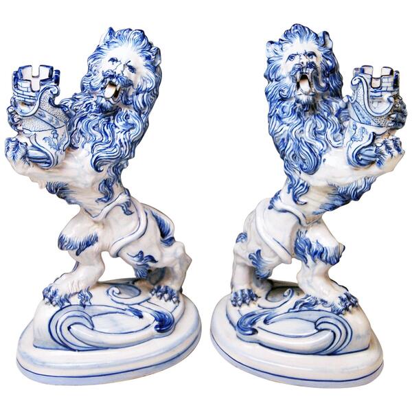 Pair Of Galle Nancy St. Clement Faience Walking & Roaring Lions Gallé ...