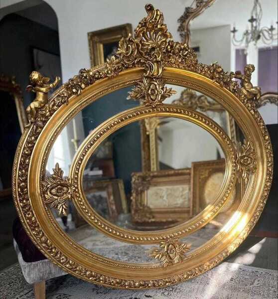 Beautiful French Oval Shaped Highly Carved Mirror With Cherubs, Floral ...