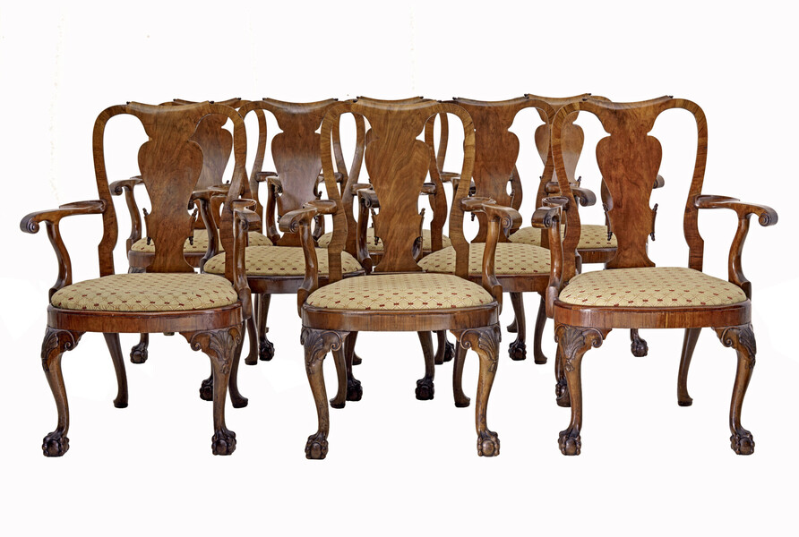 Set Of 8 Carved Queen Anne Style Walnut Dining Chairs By Spillman & Co ...