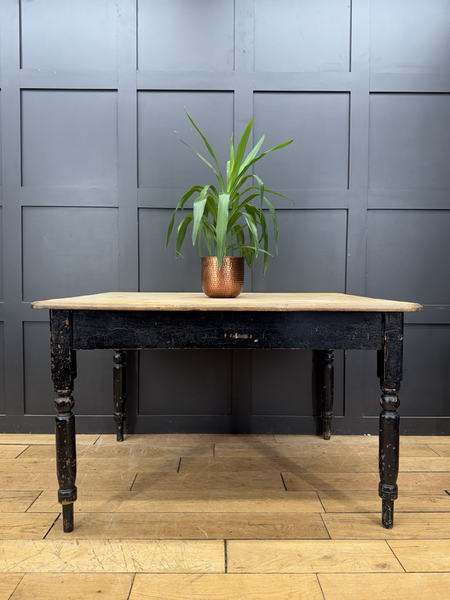 Victorian Pine Farmhouse Kitchen Dining Table / Rustic Black Painted Base | Vinterior
