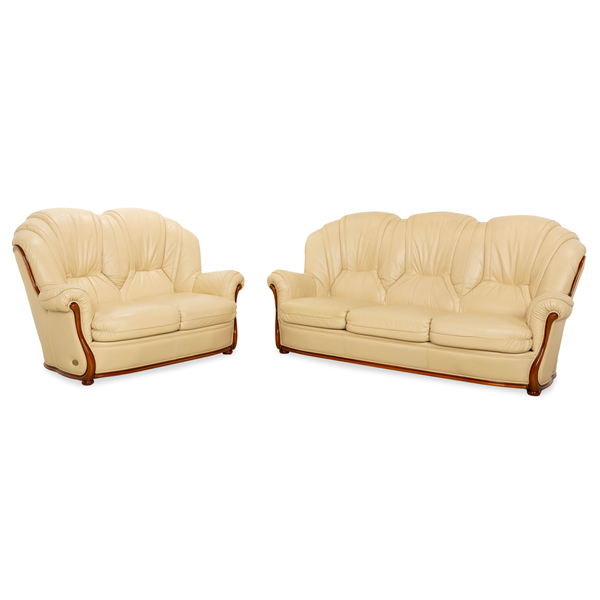 Nieri Leather Wood Three Seater Two Seater Cream Brown Sofa Set | Vinterior