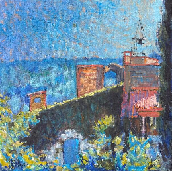 Pierre Neveusunny Rooftop View With Stone Arch And Blue Sky Above A ...