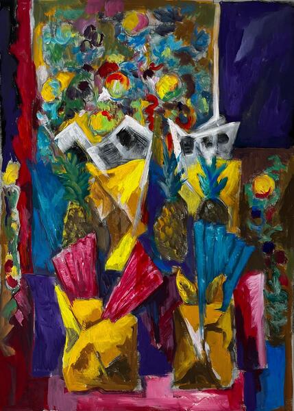 Guy Nicodvibrant Floral And Pineapple Still Life French Modern Gouache ...