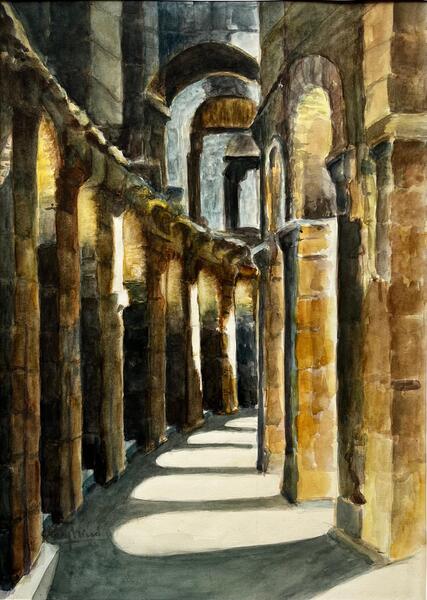 Guy Nicodsunlit Romanesque Cloister Arches Interior Watercolor Of Stone ...