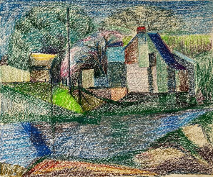 Guy Nicodfrench Riverside House With Pink Blossom And Blue Roof Pastel ...
