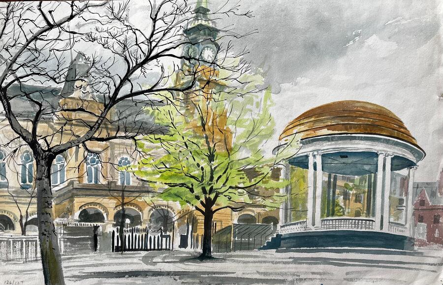 John Steane (B.1931)victorian Clocktower And Bandstand Spring Scene ...
