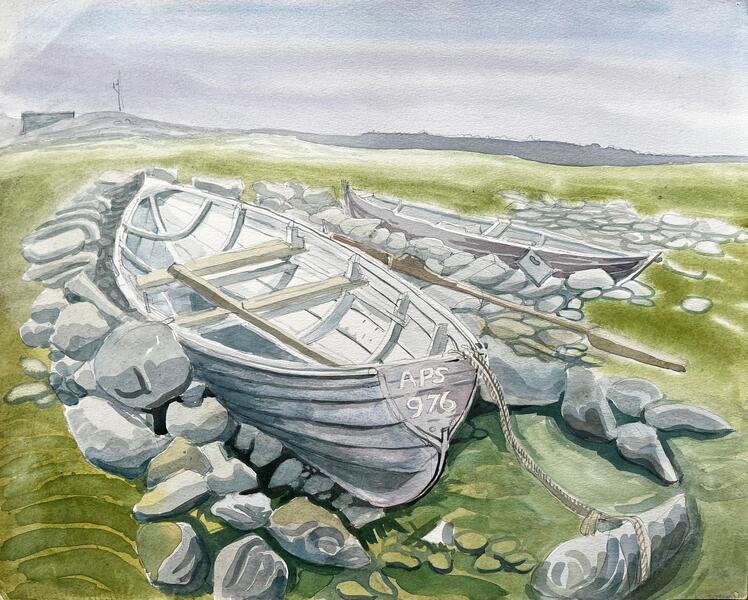 John Steane (B.1931)rowing Boats On Rocky Shore With Grass And Distant ...
