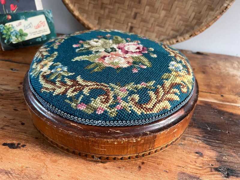 Antique Victorian Needlepoint Footstool With Tunbridge Ware Inlay ...