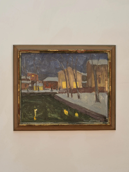 Mid Century Oil Painting Town And Pond At Night, By Evert Lambertz ...
