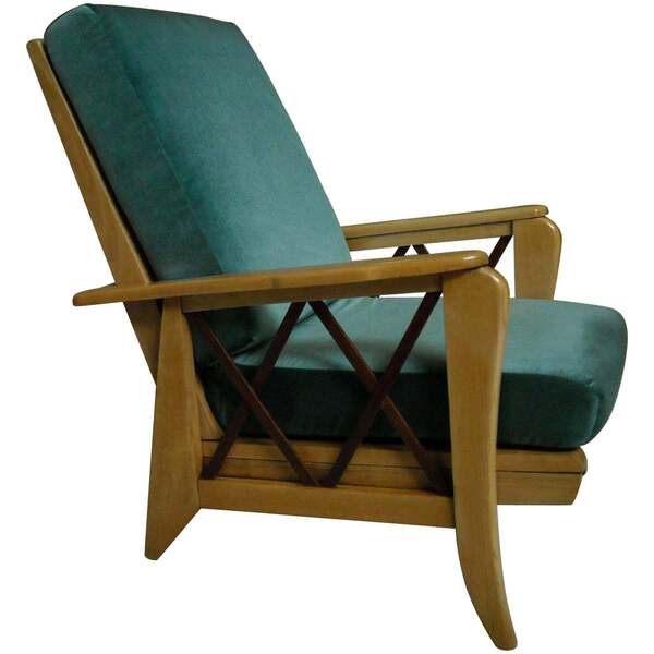 Mid Century Modern Extendable Armchair Two Tone Birch Blue Velvet ...