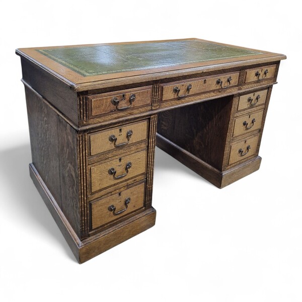 Antique Victorian Oak Desk Maple & Co Green Leather Top Pedestal ...