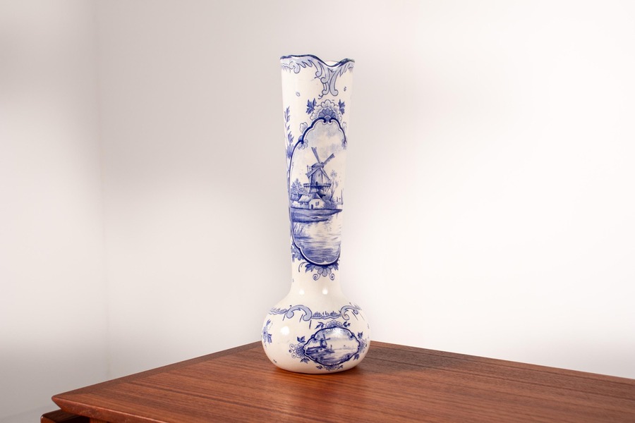 Vintage Delft Blue Vase • Dutch Windmill Scene | Vinterior
