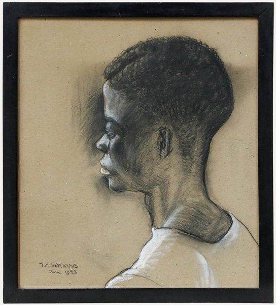 T.C. Watkins Framed 1953 Charcoal Drawing, Portrait Of A Boy From Accra ...