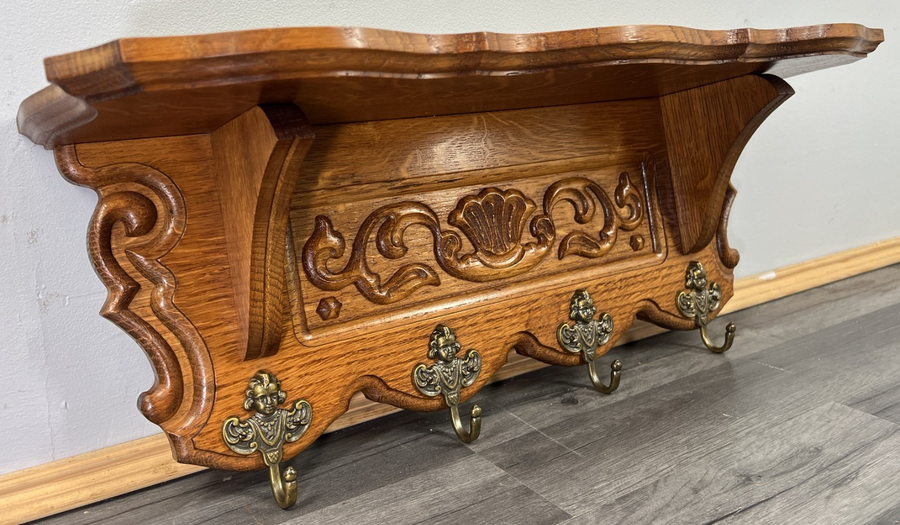 French Vintage Style Coat Rack Oak 4 Hooks Ornate Wall Shelf Coat Lot ...