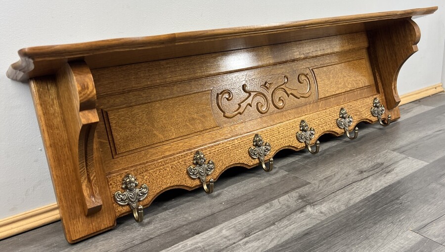 French Vintage Style Coat Rack Oak 6 Hooks Ornate Wall Shelf Coat Lot ...