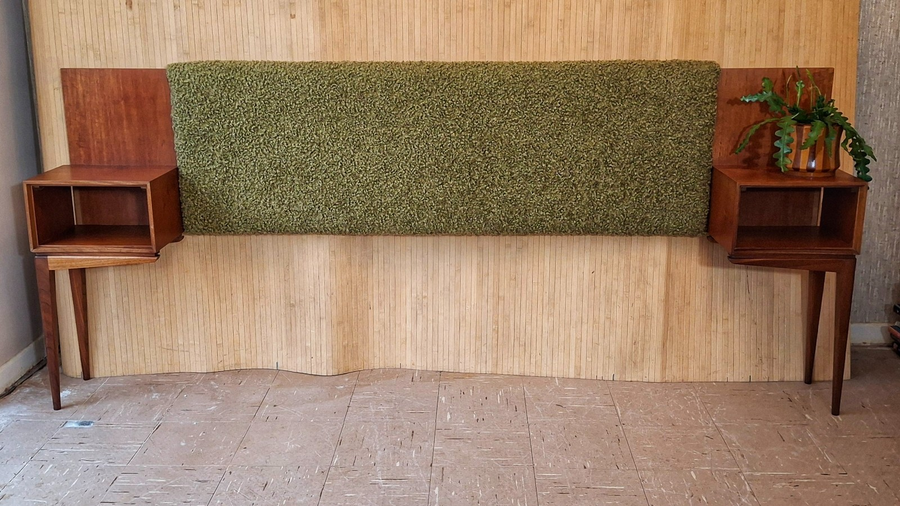 Fab Vintage Teak King Size Headboard W/ Built In Bedside Tables & Khaki ...