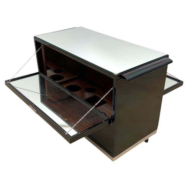 Art Deco Bar Cart, Black Lacquer, Mahogany, Mirrors, Chrome, France ...