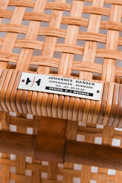 Pair Of Easy Chairs In Oak, Woven Cane, Brass And Leather By Hans ...