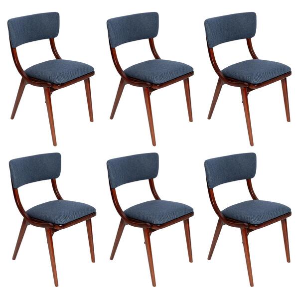 Six Mid Century Modern Bumerang Chairs, Navy Cheerful Check Wool ...