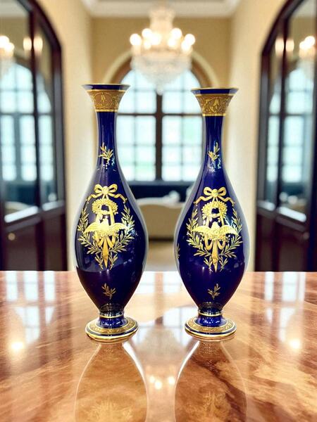 Rare Pair Of Cobalt Blue & Gilt Amphora Vases By Jaget & Pinon, Tours C ...