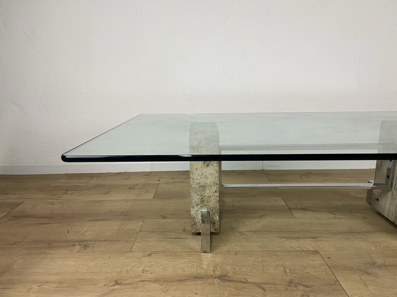 70’s Vintage Design Travertine Glass Steel Coffee Table | Vinterior