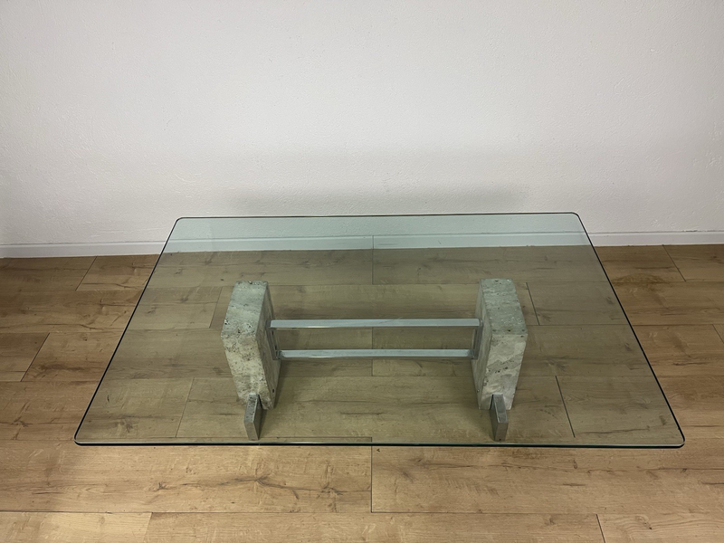 70’s Vintage Design Travertine Glass Steel Coffee Table | Vinterior