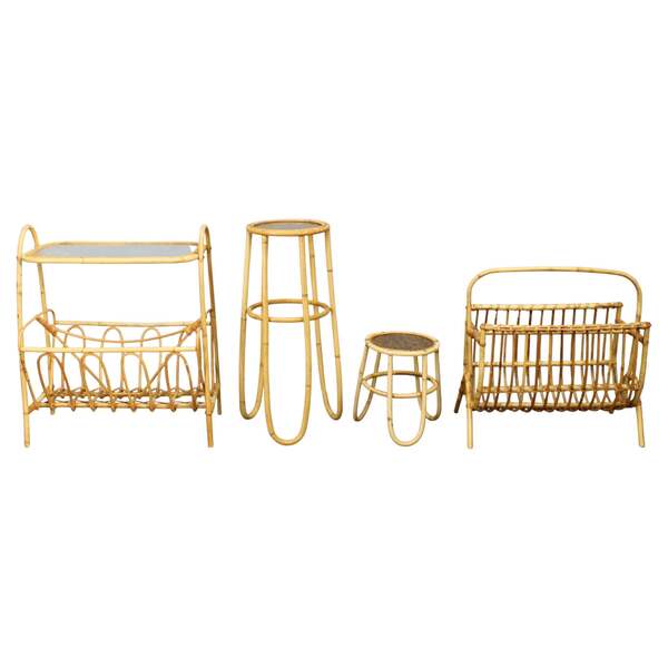 Mid Century European Rattan Accessories Set With Tables And Magazine ...