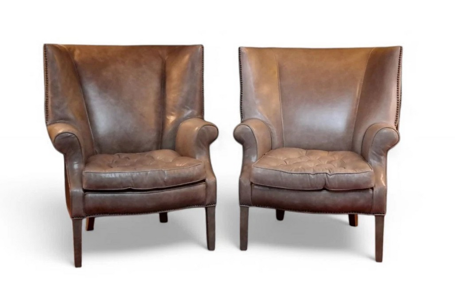 Pair Ralph Lauren Restoration Hardware Drake Cigar Leather Armchairs ...