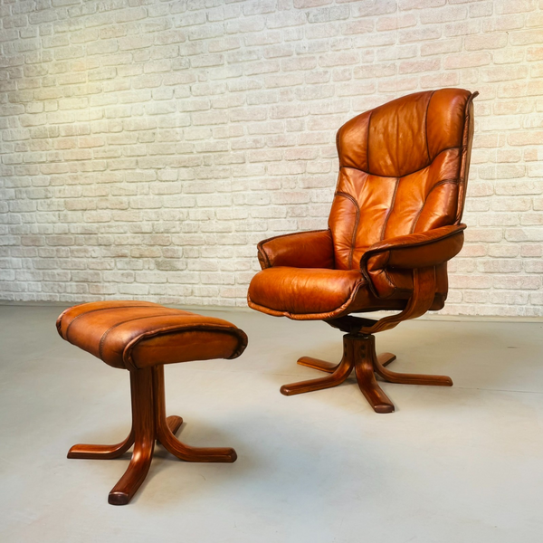 Vintage Danish Reclining Swivel Chair & Footstool | Hand Dyed Tan ...