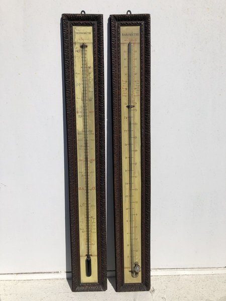 French Antique Pair Of Barometer Thermometer in Brown | Vinterior