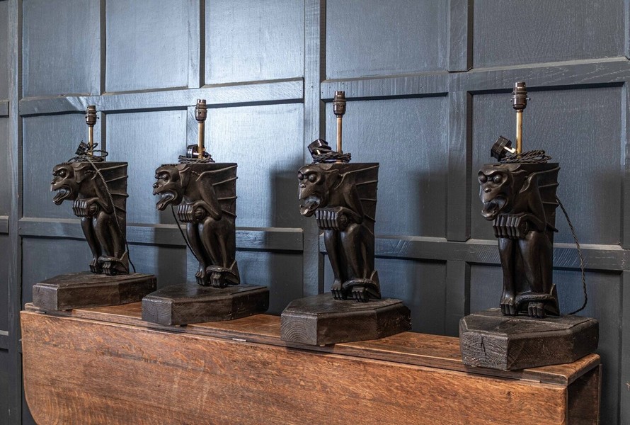 19th C Ebonised Carved Winged Serpent Gargoyle Table Lamps | Vinterior