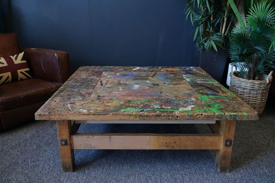 Handmade Large Square Coffee Table Hidden Compartment Paint Splattered ...