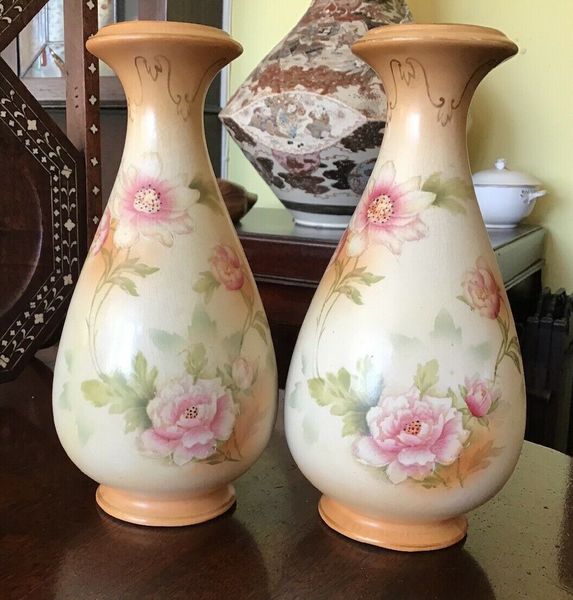 A Pair Of Antique Sanford Ware Hand Painted Blush Ivory Vases | Vinterior
