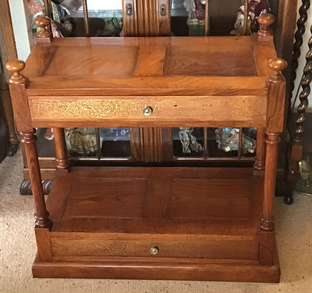 Mahogany 2 Tier Table / Stand. Brass Floral Inlayed Drawers. Turned ...
