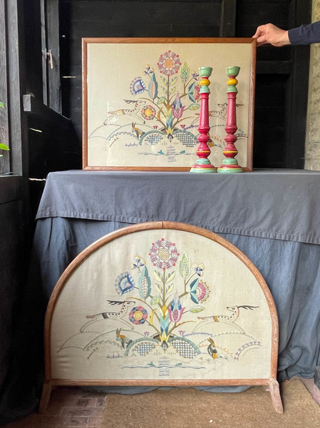 Hand Crewel Embroidered Fire Screen | Vinterior