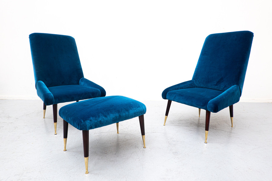 Mid Century Modern Italian Seating Set In Blue Velvet | Vinterior