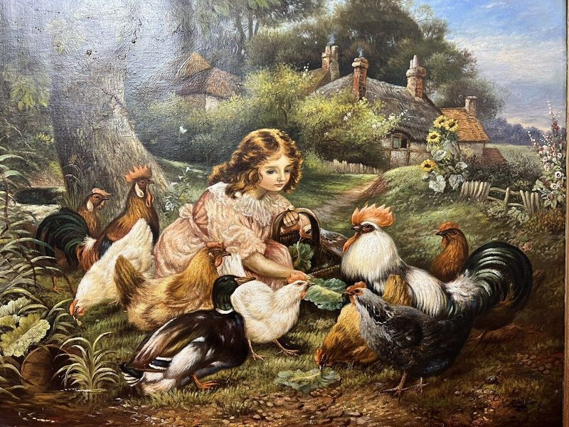 19th Century Oil Painting Of Victorian Girl Feeding Chickens In ...